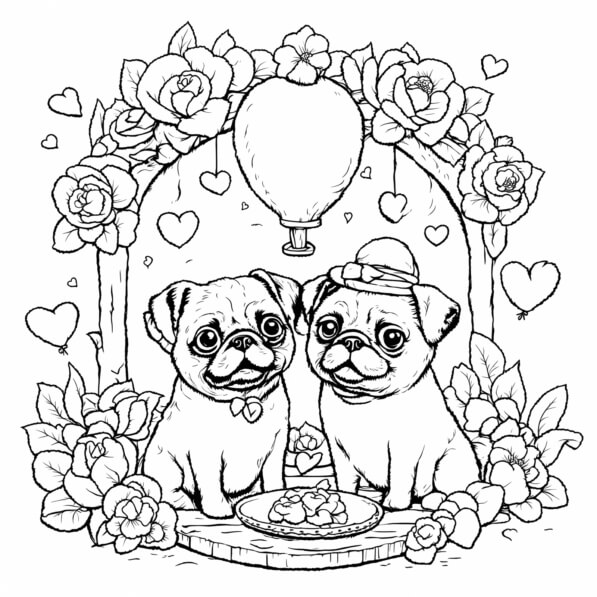Download Two Pugs in a Floral Setting Coloring pages Online - Creative ...