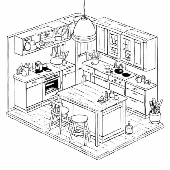 Download Cozy Minimalist Kitchen Coloring pages Online - Creative Fabrica