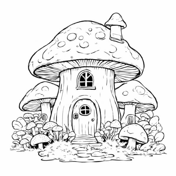 Download Whimsical Mushroom House Coloring pages Online - Creative Fabrica