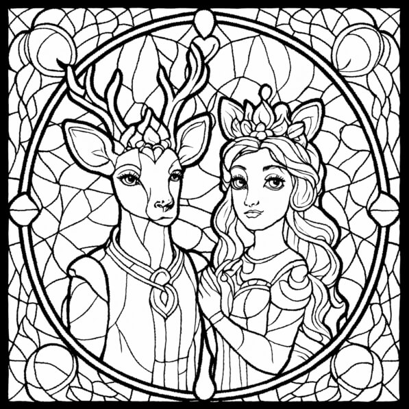 Download Stained Glass Deer and Princess Illustration Coloring pages ...
