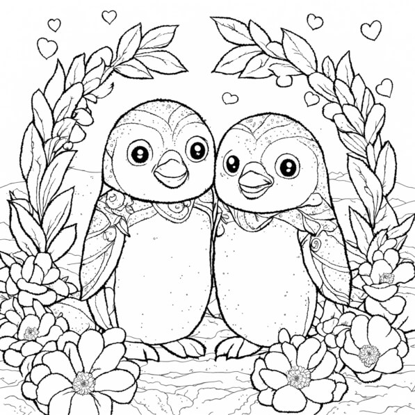 Download Cute Cartoon Penguins in Floral Surroundings Coloring pages ...