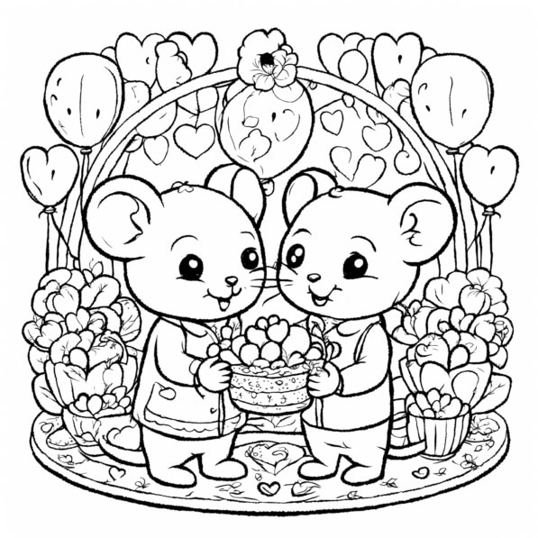 Download Cute Mice Celebrating with Flowers Coloring pages Online ...