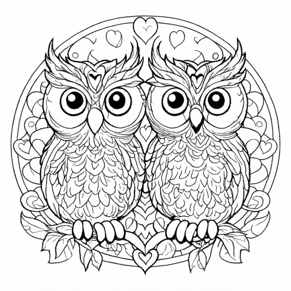 Download Whimsical Owls with Hearts Coloring pages Online - Creative ...