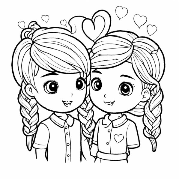 Download Two Cartoon Girls with Heart Background Coloring pages Online ...