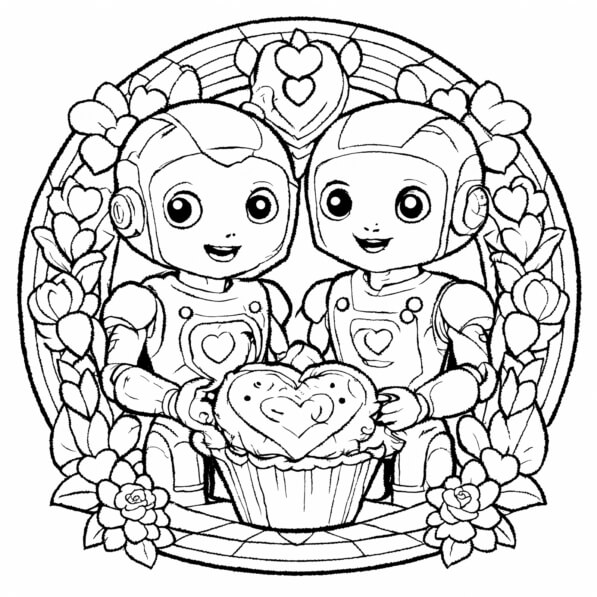Download Two Robots with Heart-Shaped Cupcake Coloring pages Online ...