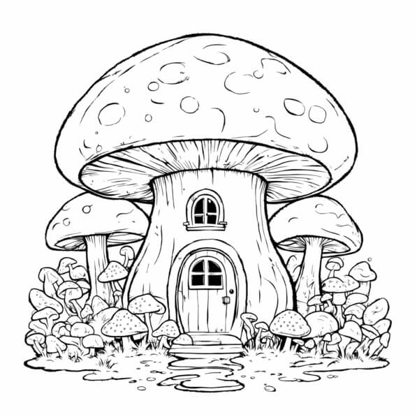 Download Whimsical Mushroom House Coloring pages Online - Creative Fabrica
