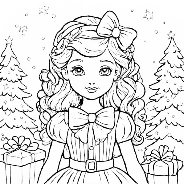 Download Christmas-themed coloring page featuring a girl with gifts and ...
