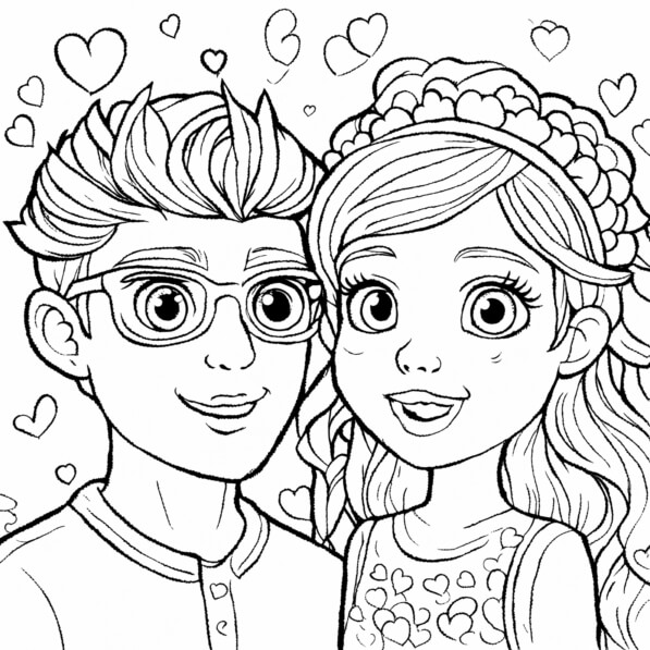 Descarga Dibujo lineal de un niño y una niña felices con corazones ...