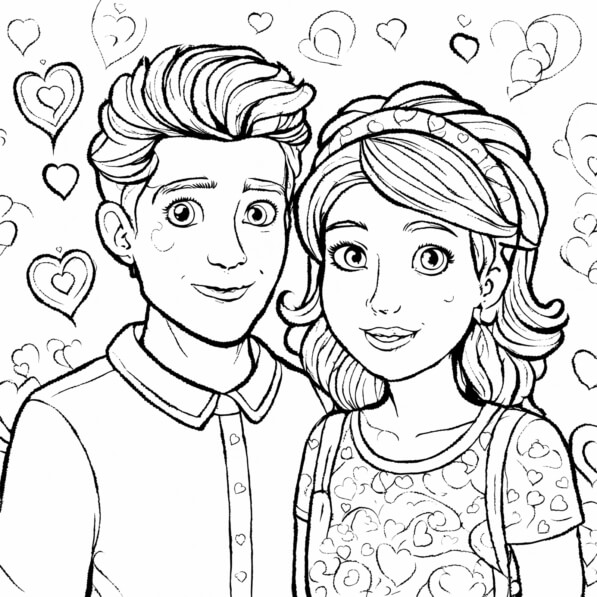 Download Coloring Page of a Young Couple with Hearts Coloring pages ...