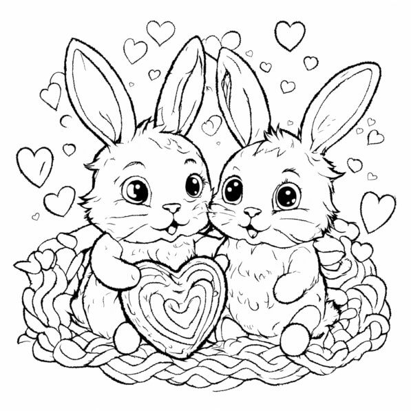 Download Cute Rabbits in a Basket with Hearts Coloring pages Online ...