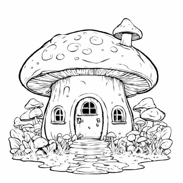 Download Whimsical Mushroom House Coloring pages Online - Creative Fabrica