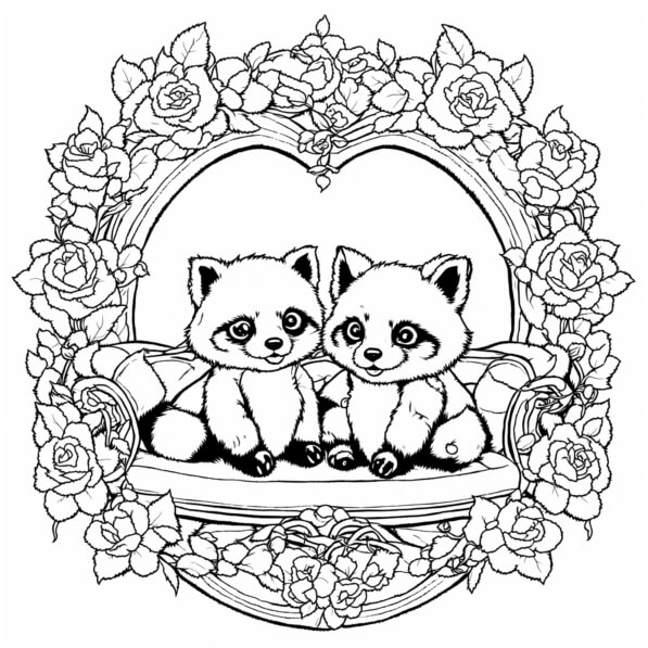 Download Cute Cartoon Raccoons Surrounded by Roses Coloring pages ...
