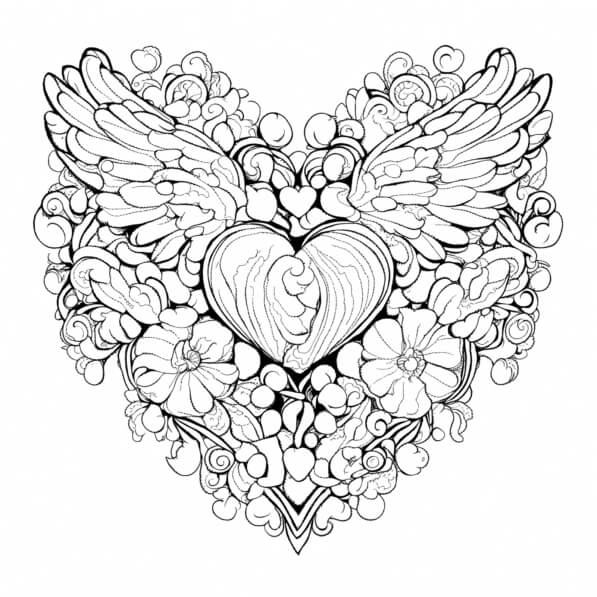 Download Intricate Heart Design with Flowers and Wings Coloring pages ...
