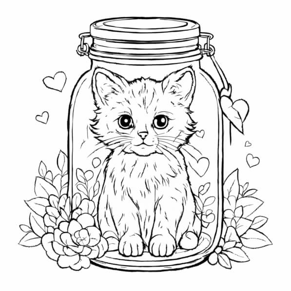 Download Cute Cat in a Jar Coloring pages Online - Creative Fabrica
