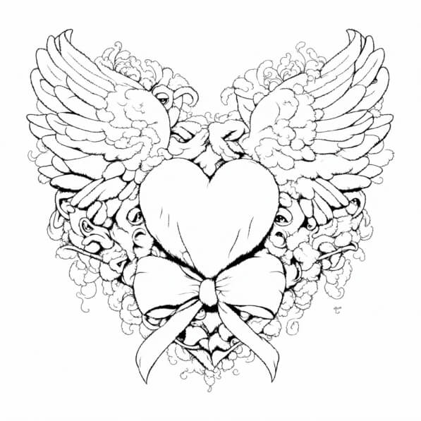Download Intricate Heart Illustration with Wings and Bow Coloring pages ...