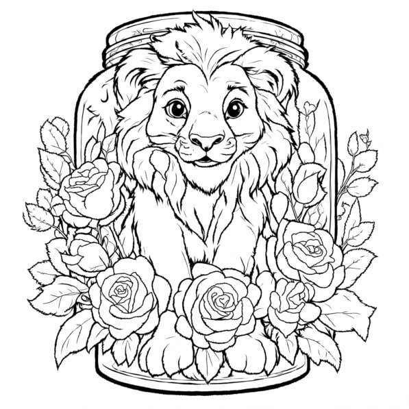 Descarga Lindo león en frasco rodeado de rosas Páginas para colorear En ...