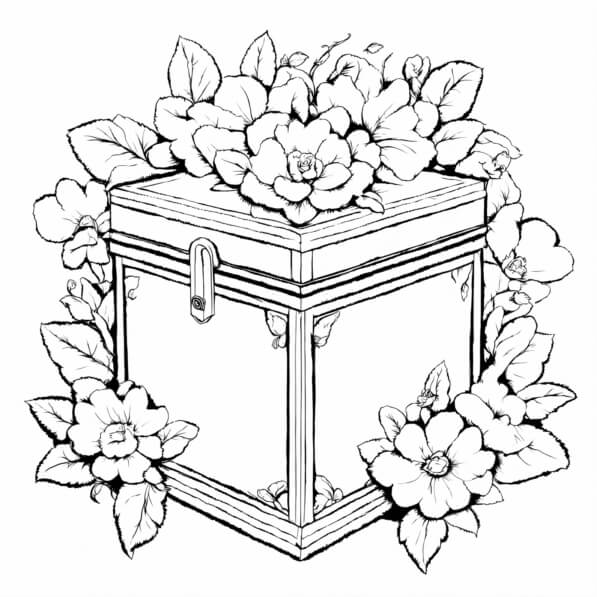 Download Illustrated Box Surrounded by Flowers Coloring pages Online - Creative Fabrica
