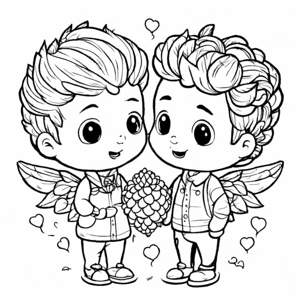 Download Cute Cartoon Boys with Angel Wings Holding Pine Cone Coloring ...