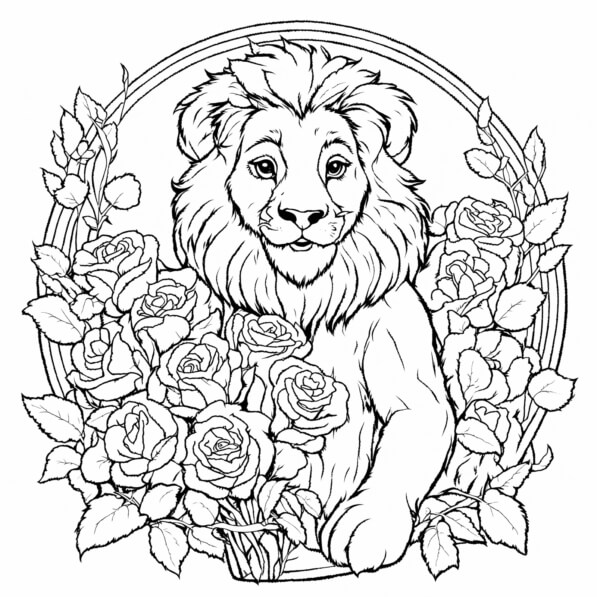 Descarga León entre rosas Páginas para colorear En Línea - Creative Fabrica