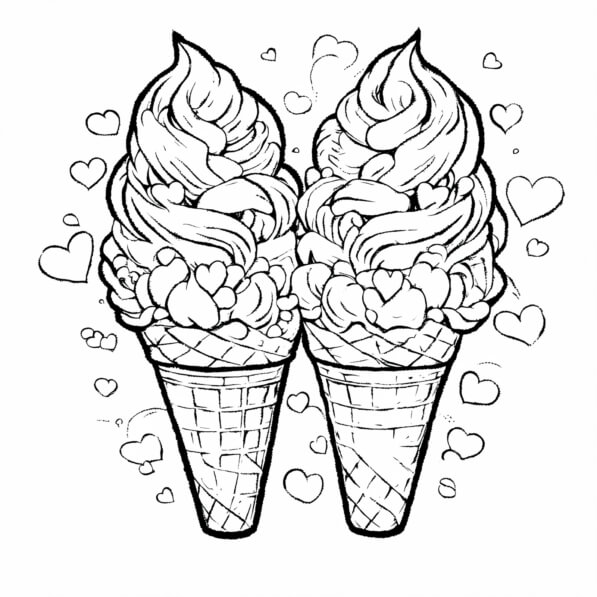 Download Two ice cream cones with hearts Coloring pages Online ...