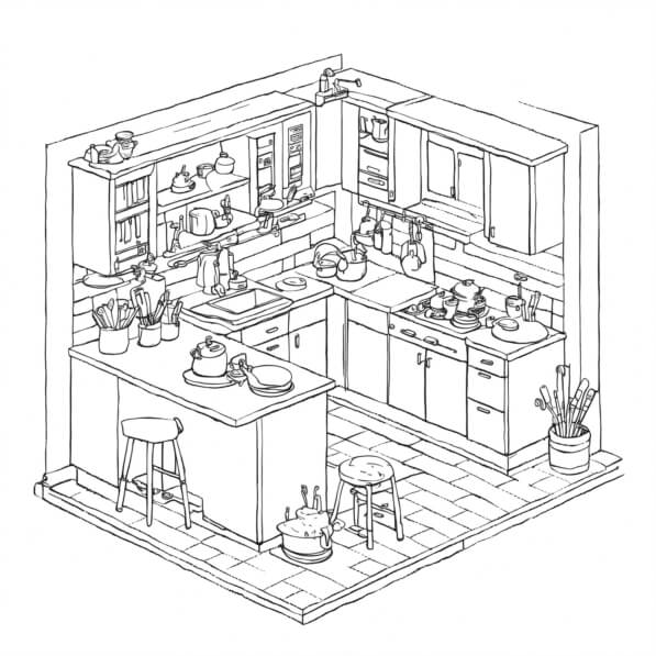 Download Cozy Kitchen Interior Coloring pages Online - Creative Fabrica