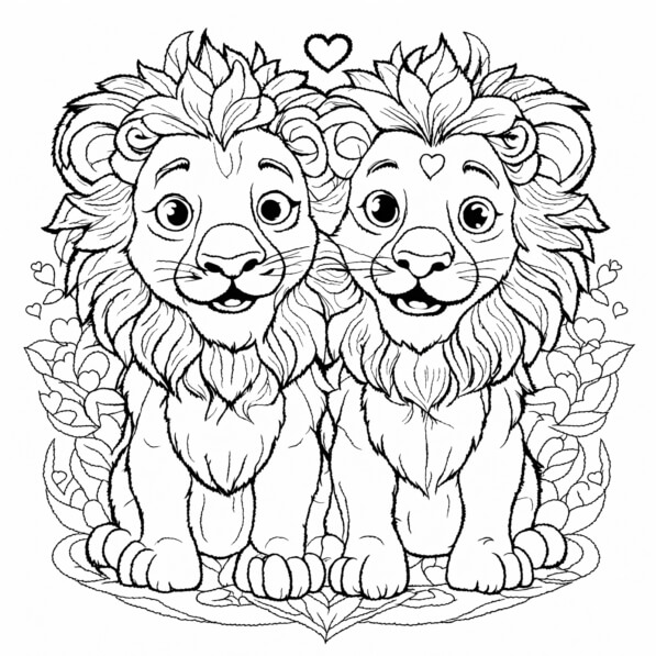 Descarga Dos leones de dibujos animados con corazones Páginas para ...
