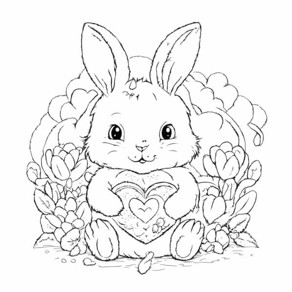 Download Cute Rabbit Holding a Heart in a Floral Setting Coloring pages ...