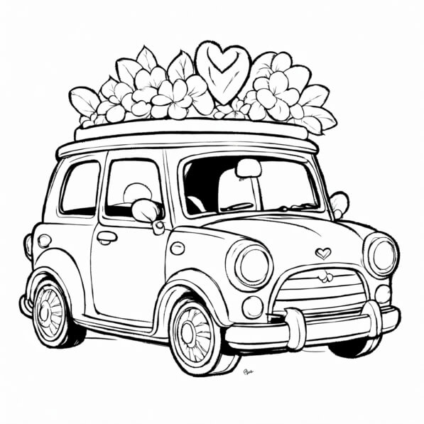 Download Playful Car with Flowers Coloring pages Online - Creative Fabrica