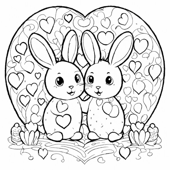 Download Cute Cartoon Rabbits in Heart Design Coloring pages Online ...