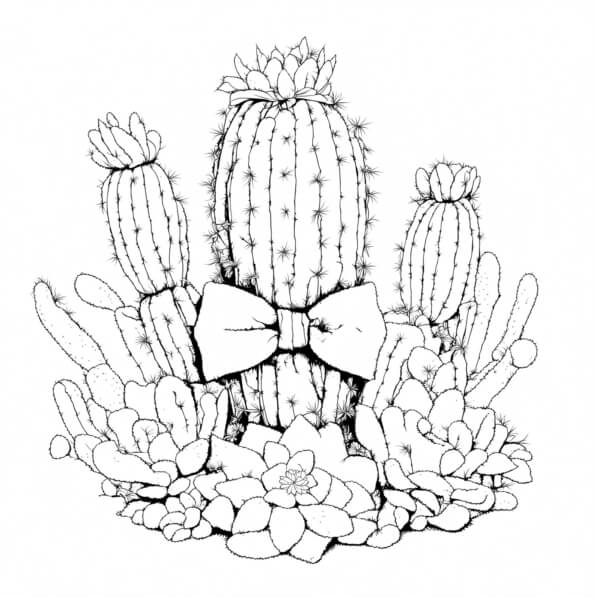 Download Whimsical Cacti with Bow Coloring pages Online - Creative Fabrica