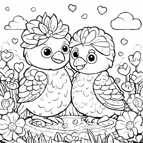 Download Cute Cartoon Birds with Floral Crowns in a Flower Garden ...