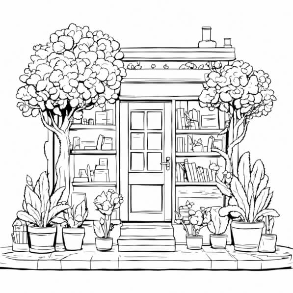 Download Charming Bookshop with Trees and Plants Coloring pages Online ...