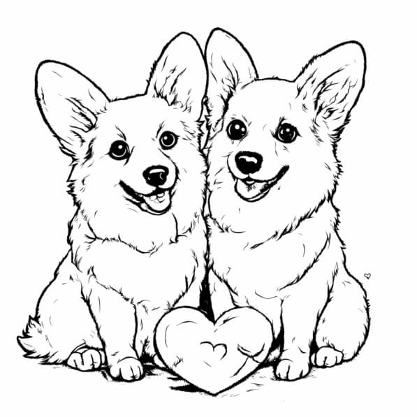 Download Two happy corgis with a heart Coloring pages Online - Creative ...