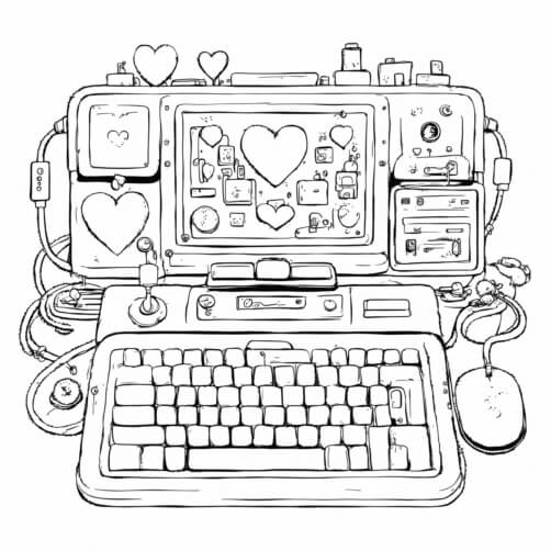 Download Whimsical Computer Setup with Hearts and Plants Coloring pages ...
