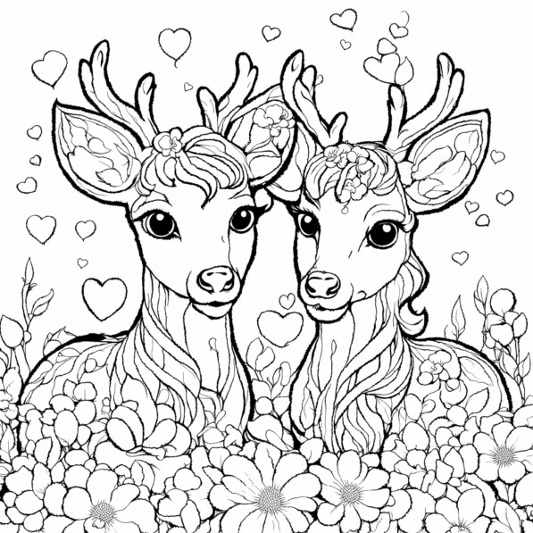Download Whimsical Deer Illustration with Flowers and Hearts Coloring ...