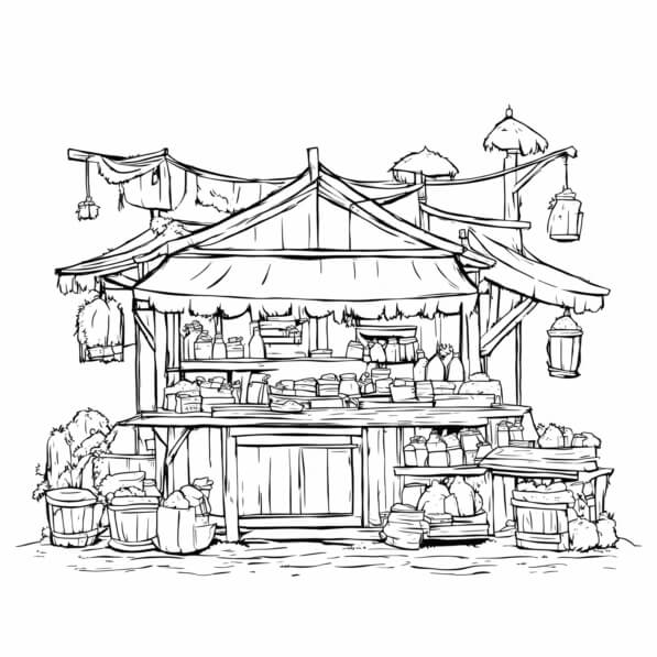 Download Rustic Market Stall Coloring pages Online - Creative Fabrica