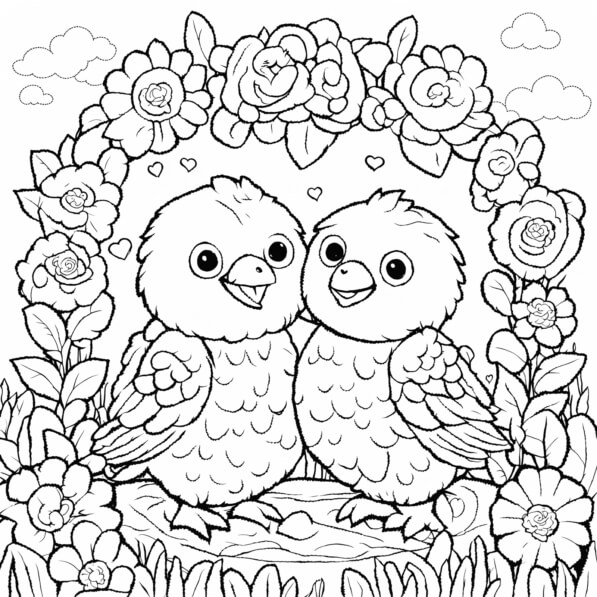 Download Cute Birds in Floral Arch Coloring pages Online - Creative Fabrica