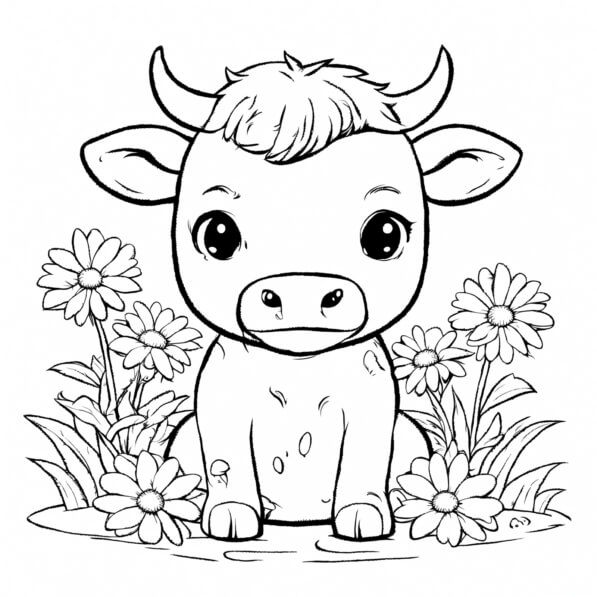 Descarga Tierno dibujo animado de un ternero rodeado de flores Páginas ...