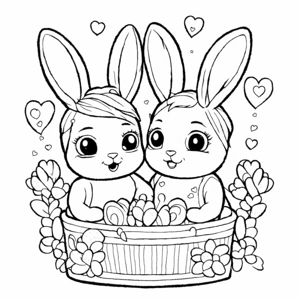 Download Cute Cartoon Rabbits in a Flower Basket Coloring pages Online ...