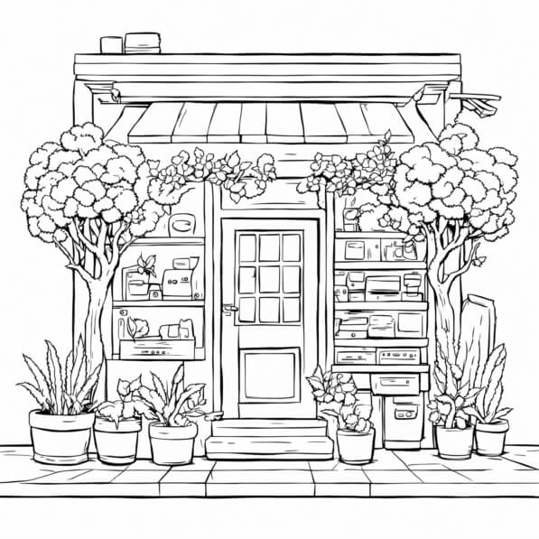Download Charming storefront with plants and trees Coloring pages ...