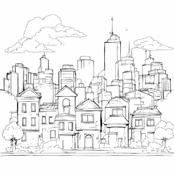 Download Cityscape Line Drawing with Houses and Skyscrapers Coloring ...