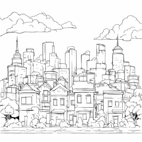 Download Cityscape with Residential Houses and Skyscrapers Coloring ...
