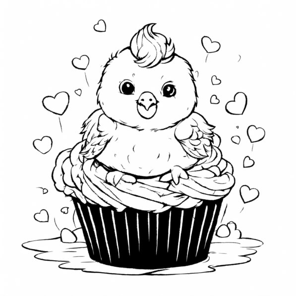 Descarga Pollito lindo en cupcake con corazones Páginas para colorear ...