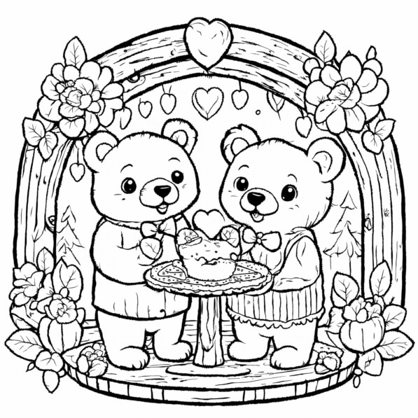 Download Two Cartoon Bears Celebrating with Cake Coloring pages Online ...