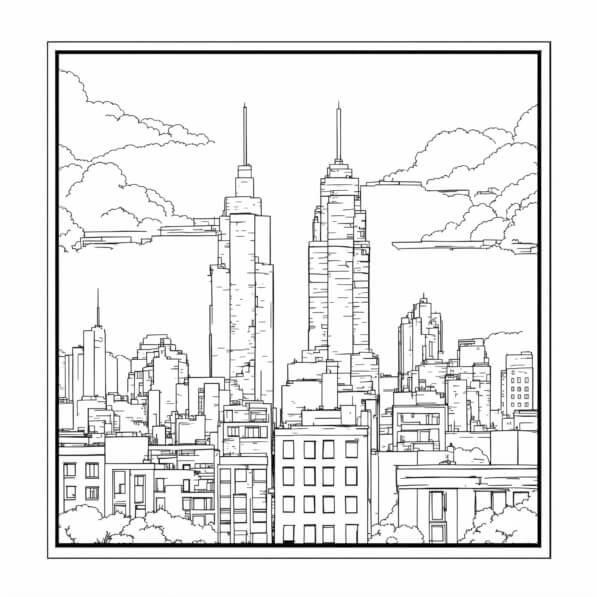 Download City Skyline with Skyscrapers and Clouds Coloring pages Online ...