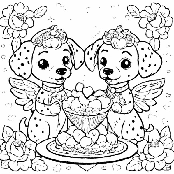 Download Two Cartoon Dogs with Angel Wings and Floral Crowns Coloring ...