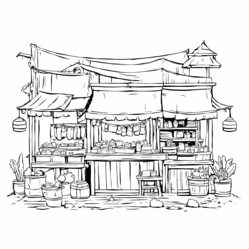 Download Rustic Market Stall Coloring pages Online - Creative Fabrica