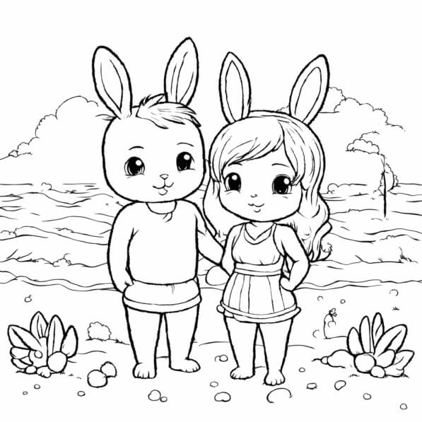 Download Cute Rabbits at the Beach Coloring pages Online - Creative Fabrica