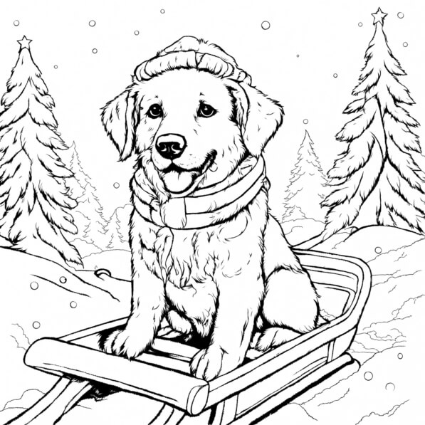 Download Cute Dog on a Sled in a Winter Landscape Coloring pages Online ...