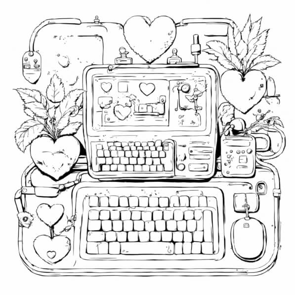 Download Whimsical Computer Setup with Hearts and Plants Coloring pages ...